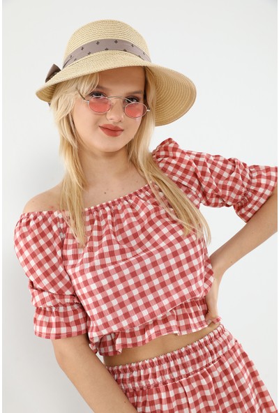 Julude Pudra Kadın Likralı Kare Yaka Prenses Kol Pötükare Desenli Bluz P-040077