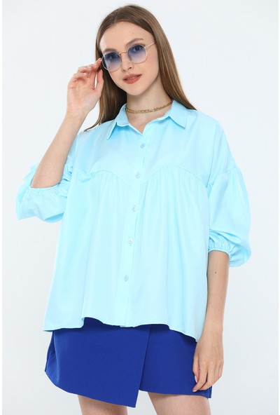 Julude Mavi Kadın Oversize Balon Kol Gömlek P-040075