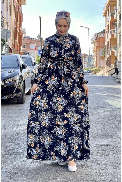 Çiçekli Viskon Elbise Lacivert
