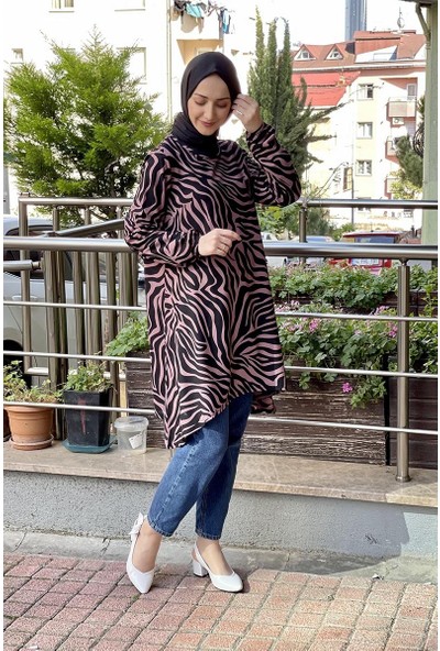 Desenli Krep Tunik Gül Kurusu