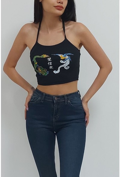 Amazeus Çapraz Askılı Desenli Crop Bluz Siyah