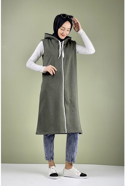 Moda Çizgi Spor Kapişonlu Yelek Haki