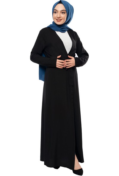 Moda Çizgi Kuşaklı Mevsimlik Abaya Siyah