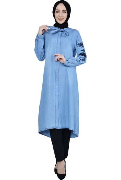 Moda Çizgi Yakası Bağcıklı Kot Tunik Açık