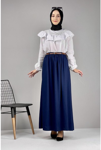 Moda Çizgi Kemerli Etek Lacivert