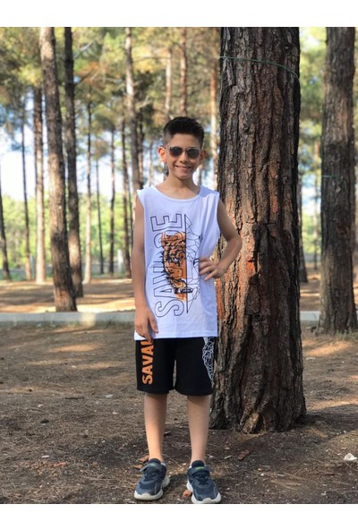 Erkek Çocuk Askılı Aslan Baskılı Cepli Şortlu Alt Üst Takım