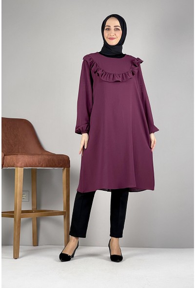 Moda Çizgi Fırfırlı Aerobin Tunik Vişne