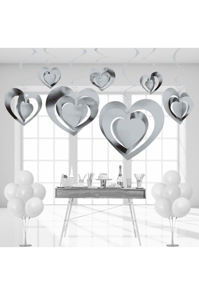 Mabes 3D Spiralli Gümüş Renk Kalp Tavan Süsü 12 Adet