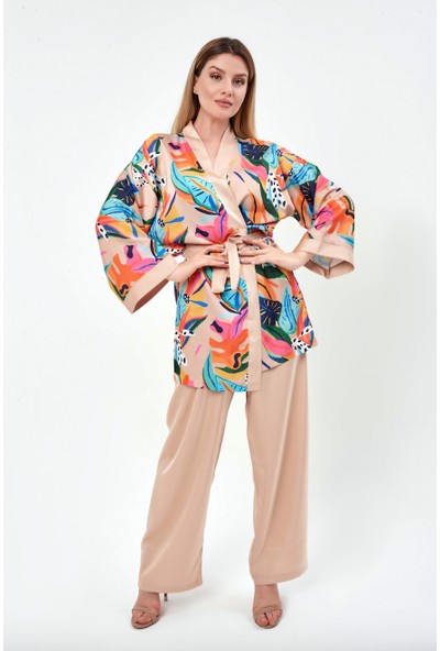 Julishop Bej Desenli Kuşaklı Kimono Alt-Üst Saten Takım