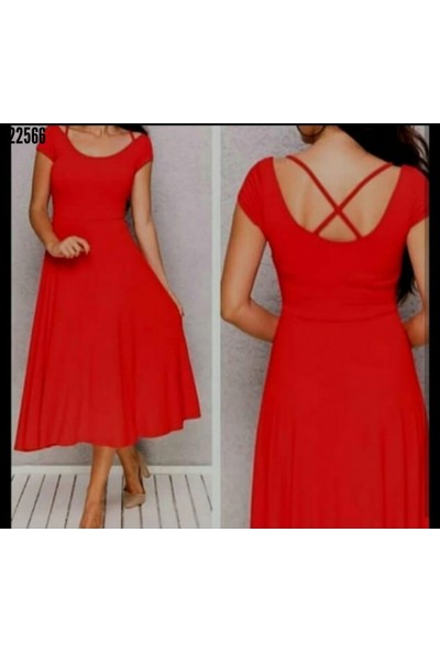 Rengamoda Sırtı Çapraz Detay Elbise (Kırmızı)