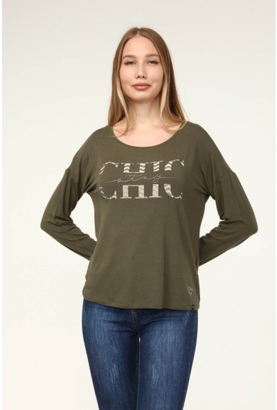 Home Store Bluz Chic Yaldiz Baskili Uzun Kol - Kakı Home Store Bluz Chic Yaldiz Baskili Uzun Kol - Kakı