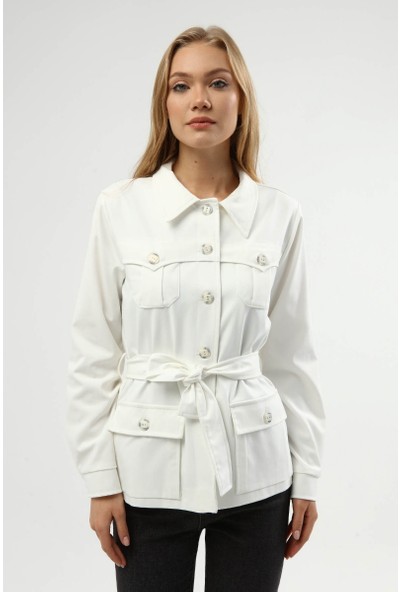 Home Store Ceket North Korea 4 Kapakli Cep Beli Kuşak Kemerli - Beyaz Home Store Ceket North Korea 4 Kapakli Cep Beli Kuşak Kemerli - Beyaz