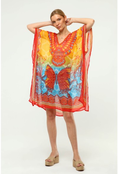 Home Store Pareo V Yaka Iri Kelebek Motifli Boncuk Işlemeli - Orange Home Store Pareo V Yaka Iri Kelebek Motifli Boncuk Işlemeli - Orange