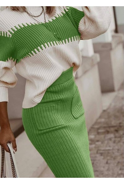 Rengamoda Cep Detay Etek Kazak Triko Ikili Takım (Yeşil)