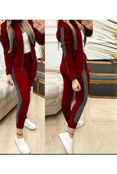 Rengamoda Iki Iplik Kumaş Yanlar Ekose Fermuarlı Takım (Bordo) Rengamoda Iki Iplik Kumaş Yanlar Ekose Fermuarlı Takım (Bordo)