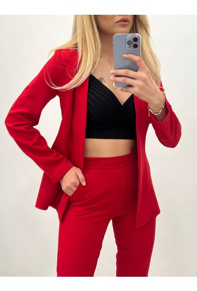 Rengamoda Atlas Kumaş Ceket Pantolon Takım (Kırmızı)