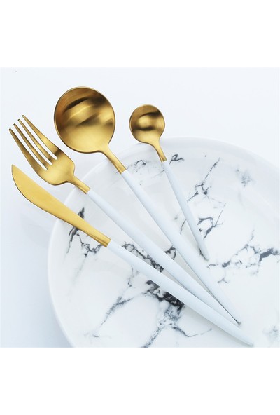 Ekshi Home Mat Gold Beyaz 24 Parça 6 Kişilik Çatal Kaşık Bıçak Seti