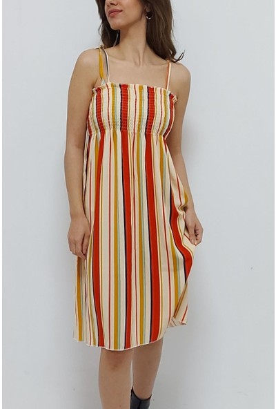 Ip Askılı Çizgili Elbise Renkli