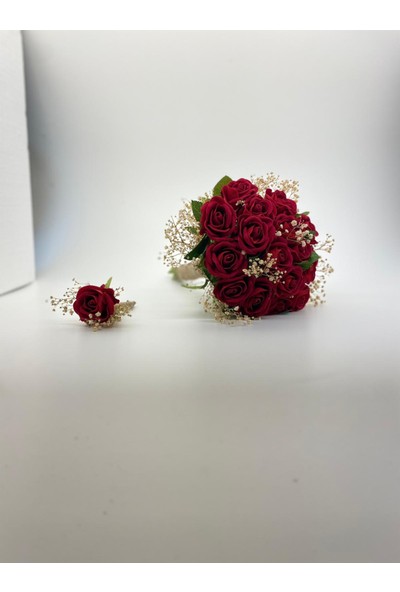 VE-AL Gelin Çiçeği Kırmızı Gül Gelin Buketi ve Damat Yaka Çiçeği