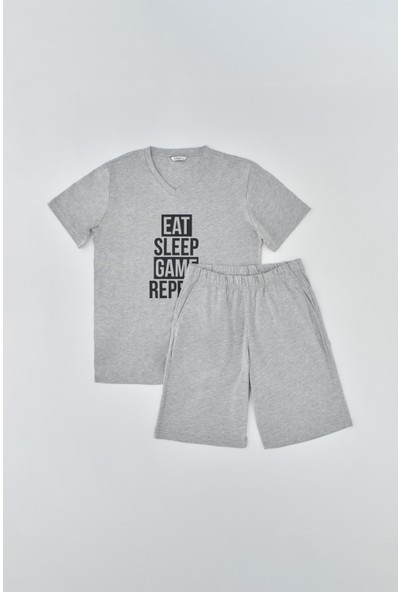 Dagi Baskılı Gri Melanj Şort Takım