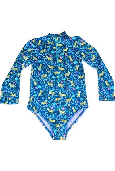 Obje Kız Çocuk Yeşil Hayvan Desen Uzun Kollu Mayo