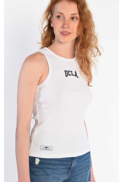 Ucla Salınas Beyaz Sıfır Kol Nakışlı Kadın Tshirt