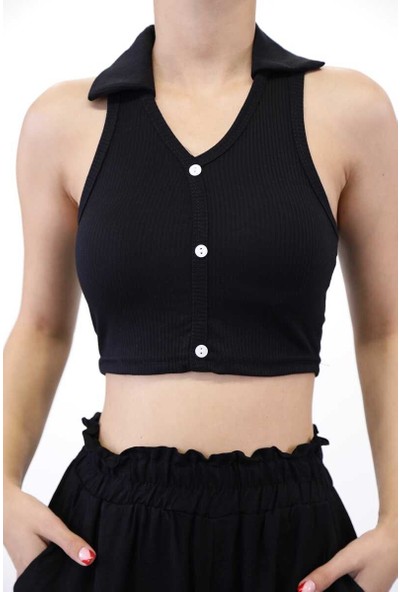 Modaline Polo Yaka Kolsuz Crop Bluz Modaline Polo Yaka Kolsuz Crop Bluz