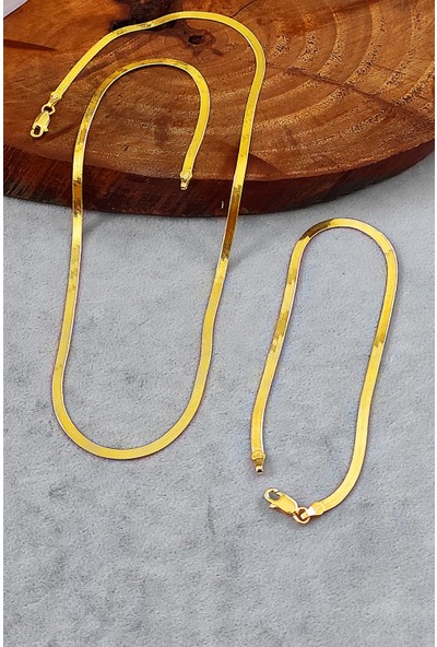 Aykat Yassı Gümüş Kolye ve Bileklik Takımı Sarı Renk SET-395