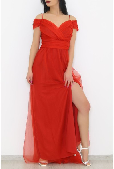 Erdmsp Büzgülü Tül Askılı Abiye Kırmızı - 38748.100.