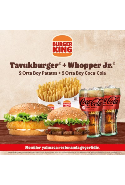 Burger King Tavukburger + Whopper Jr. Menü (2 Orta Kola + 2 Orta Patates)(Gel-Al Serviste Geçerlidir) Burger King Tavukburger + Whopper Jr. Menü (2 Orta Kola + 2 Orta Patates)(Gel-Al Serviste Geçerlidir)