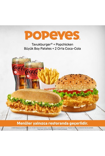 Popeyes Tavukburger + Popchicken Sandviç Menü (2 Orta Kola + Büyük Patates)(Gel-Al Serviste Geçerlidir) Popeyes Tavukburger + Popchicken Sandviç Menü (2 Orta Kola + Büyük Patates)(Gel-Al Serviste Geçerlidir)