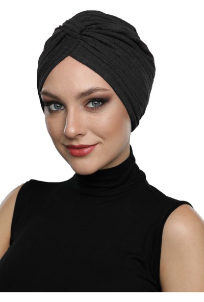 Fidan Bone Çapraz Penye Bantlı Astarlı Siyah Hazır Türban Tesettür Havuz Bonesi
