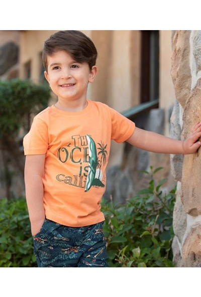 Fiorella Bigobaby Erkek Çocuk Tropicana Detaylı Bisiklet Yaka Turuncu T-Shirt 2'li Takım 31032