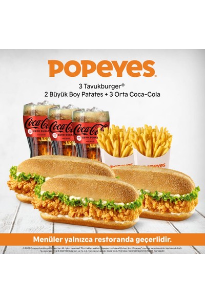 Popeyes 3 Tavukburger Menü (3 Orta Kola + 2 Büyük Patates)(Gel-Al Serviste Geçerlidir) Popeyes 3 Tavukburger Menü (3 Orta Kola + 2 Büyük Patates)(Gel-Al Serviste Geçerlidir)