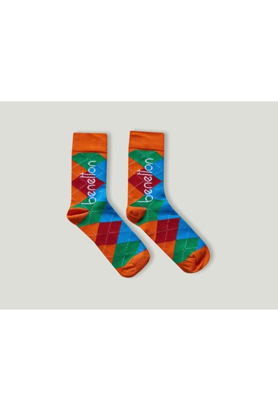 Benetton Yazılı Ekose Soket Çorap