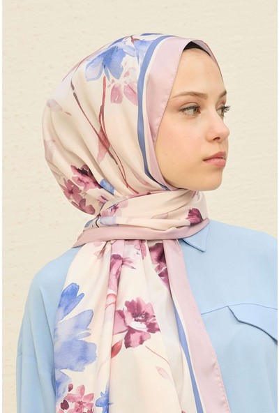 Rosa Çiçek Desenli Twill Şal Pudra