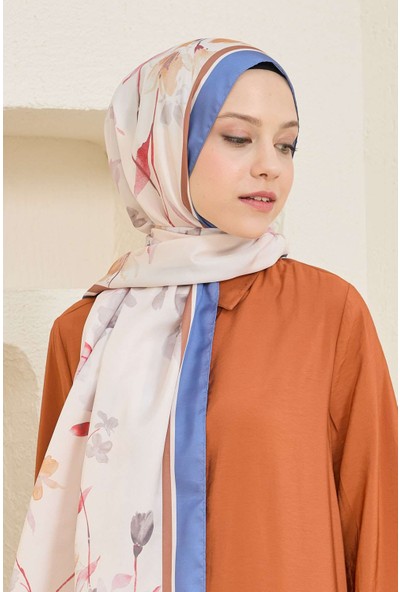 Rosa Çiçek Desenli Twill Şal Mavi