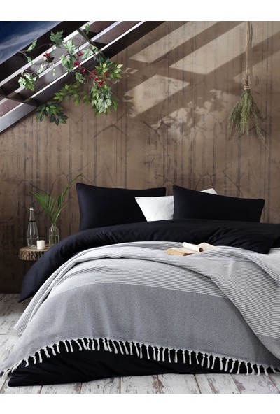 Eponj Home Anna Yatak Örtüsü Saçaklı Çizgili-Elmas Antrasit Eponj Home Anna Yatak Örtüsü Saçaklı Çizgili-Elmas Antrasit