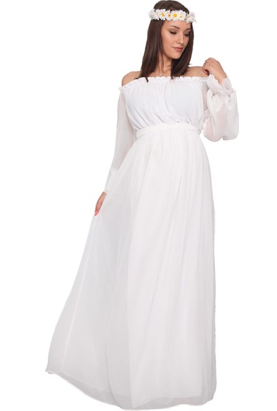 Moda Labio Babyshower Dökümlü Beyaz Hamile Elbisesi Moda Labio Babyshower Dökümlü Beyaz Hamile Elbisesi