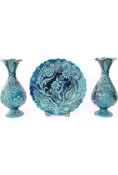 İlbay Çini Takı 30 cm Turkuaz Marul Vazo ve Tabak Seti İlbay Çini Takı 30 cm Turkuaz Marul Vazo ve Tabak Seti