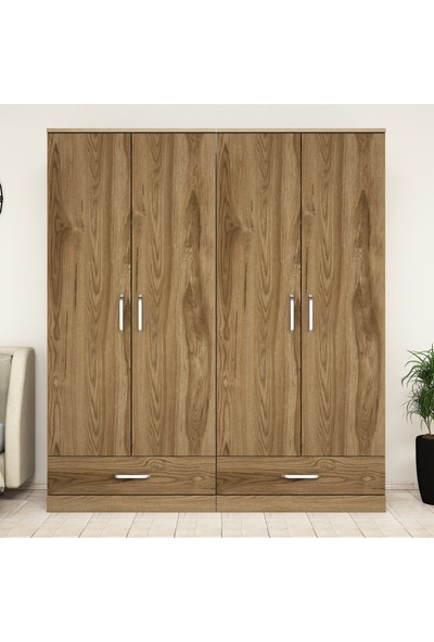 Bimossa K4225 4 Kapaklı 2 Çekmeceli Gardırop - Ceviz