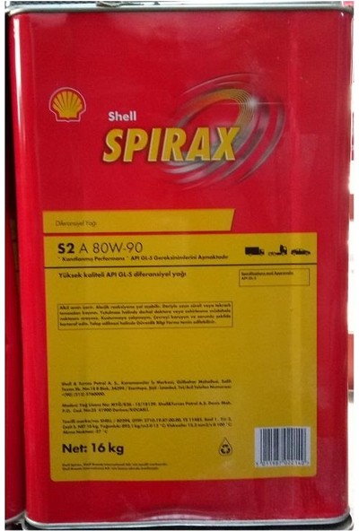Shell Spirax S2 A 80W90 Teneke 18.2 Litre (16 Kg) Shell Spirax S2 A 80W90 Teneke 18.2 Litre (16 Kg)