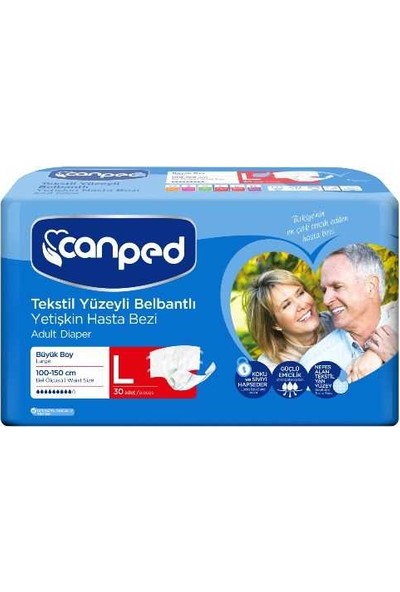 Canped Tekstil Yüzeyli Belbantlı Yetişkin Hasta Bezi Large 30'lu Canped Tekstil Yüzeyli Belbantlı Yetişkin Hasta Bezi Large 30'lu