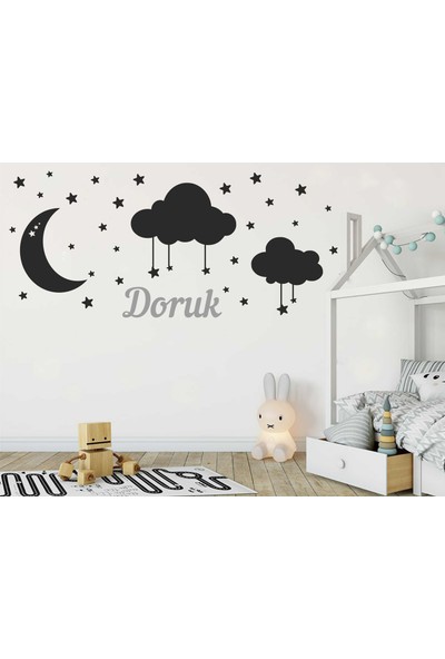 Türk Reklam Bebek Odası Duvar Sticker Siyah Ay Bulut Yıldızlar Ve Gri Kişiye Özel İsim Türk Reklam Bebek Odası Duvar Sticker Siyah Ay Bulut Yıldızlar Ve Gri Kişiye Özel İsim