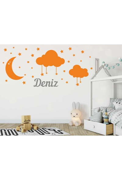 Türk Reklam Bebek Odası Duvar Sticker Turuncu Ay Bulut Yıldızlar Ve Gri Kişiye Özel İsim Türk Reklam Bebek Odası Duvar Sticker Turuncu Ay Bulut Yıldızlar Ve Gri Kişiye Özel İsim