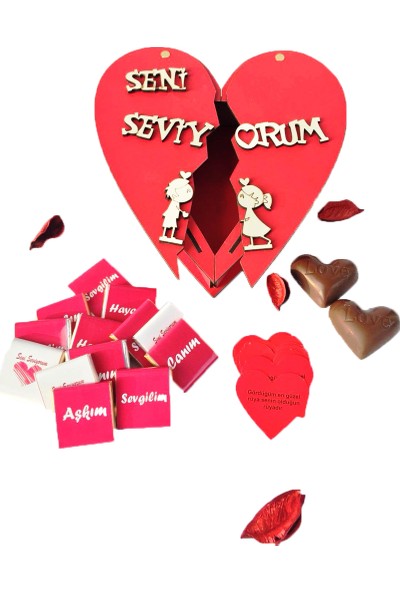 Gondol Çikolata Sevgiliye Çikolata Dolu Ahşap Kalp Kutu