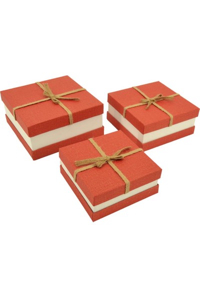 Cansüs 3 Boy İç İçe Geçmeli Hasır İpli Kare Hediye Kutusu Kırmızı