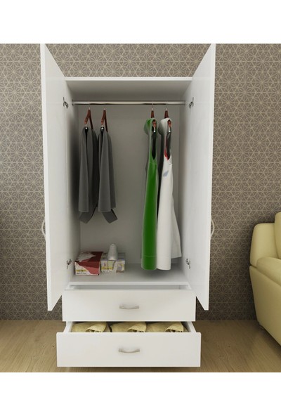 Moonlife 2 Kapaklı 2 Çekmeceli Gardırop - Beyaz Moonlife 2 Kapaklı 2 Çekmeceli Gardırop - Beyaz
