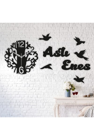 Morvizyon Kuş ve Ağaç Tasarımlı Kişiye Özel Ahşap Duvar Saati - L150 Morvizyon Kuş ve Ağaç Tasarımlı Kişiye Özel Ahşap Duvar Saati - L150