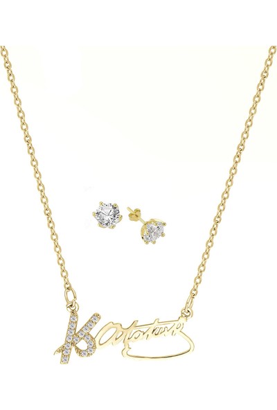 Altın Kaplama Zirkon Taşlı Kemal Atatürk İmzalı Kolye Küpe Ps0668